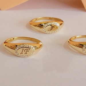 14k Oval Diamond Pave Signet Ring, Engraved Signet Ring, Gold Pinky Ring, 14k Gold Signet Ring ...