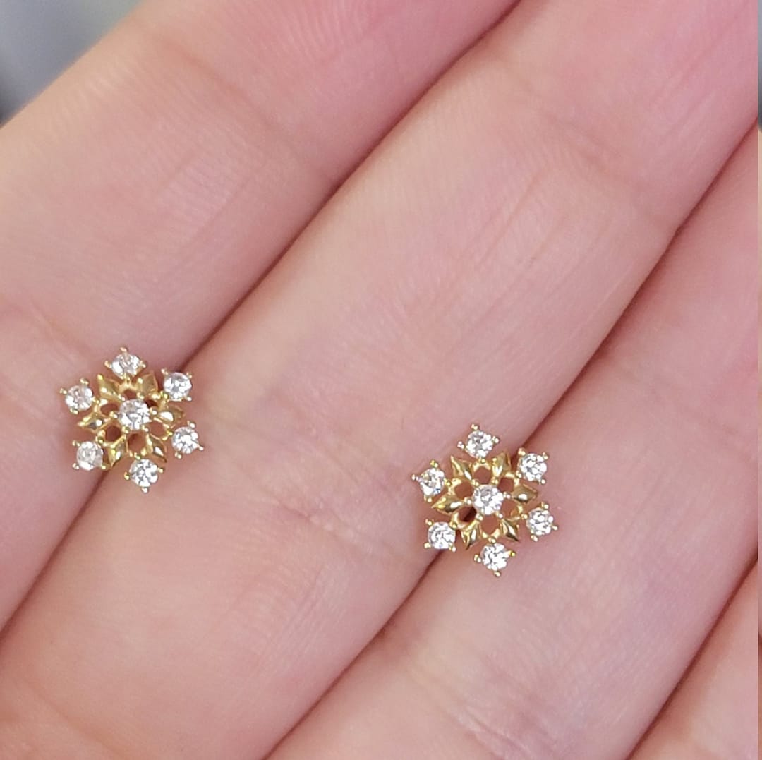Snowflake Earrings Diamond Earrings Gold Snowflake Stud Earrings Diamond Earrings for Women Snowflake Studs Diamond Gift for Woman Etsy