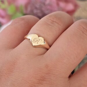 14k Solid Gold Signet Ring, Heart Signet Ring, Gold Personalized Jewelry, Engravable Heart Ring ...