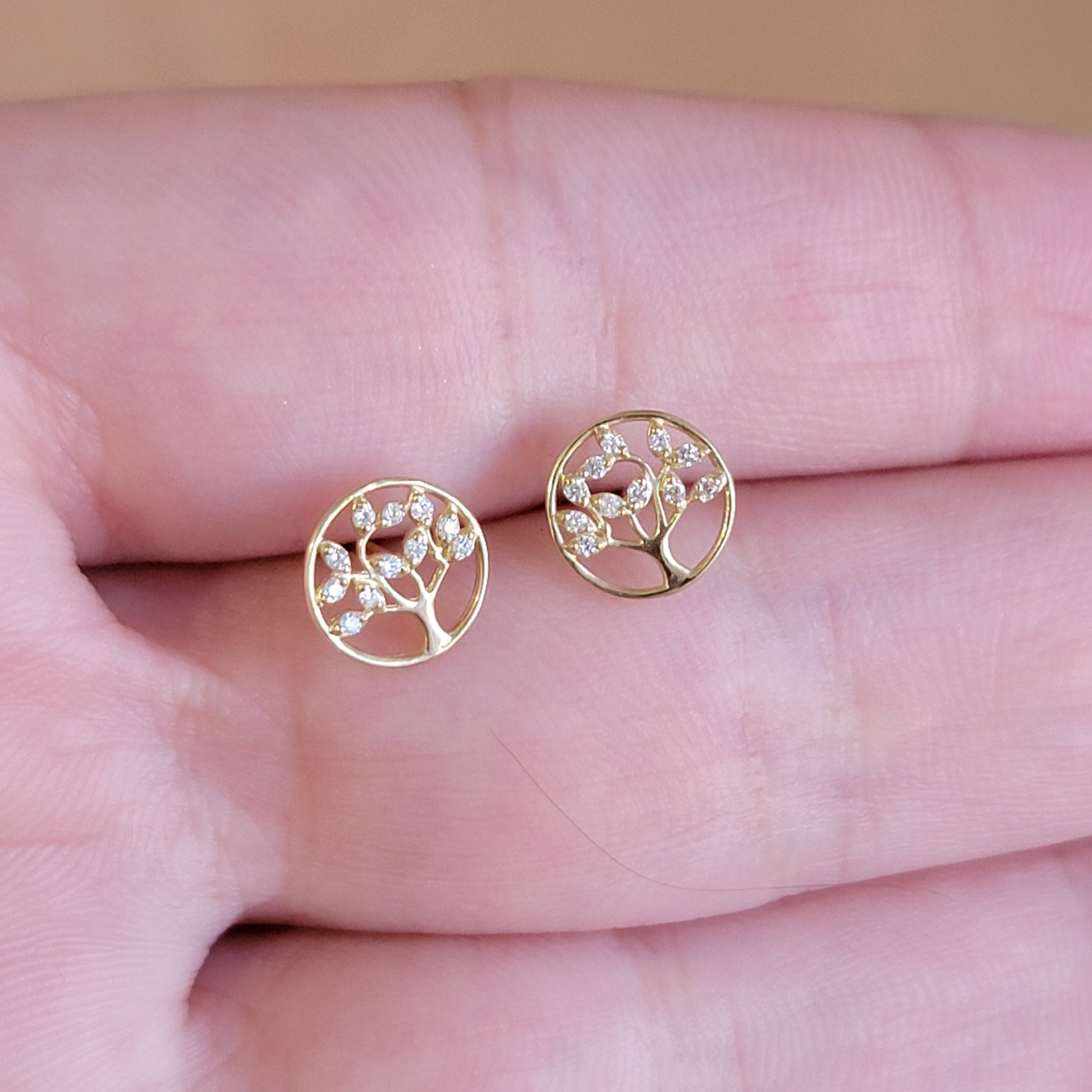 Tree of Life Diamond Stud Earrings Tree Studs 14k Solid Gold - Etsy