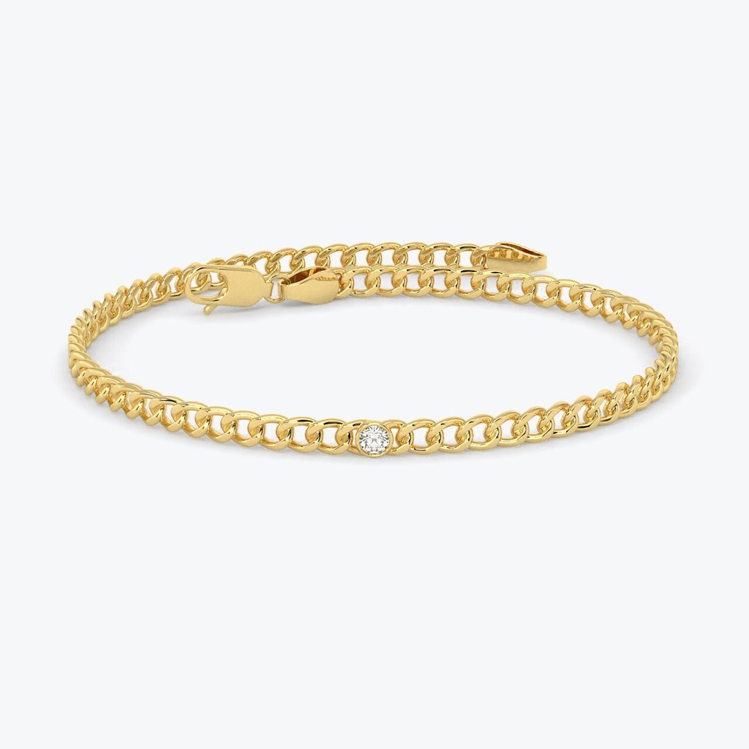 14k Gold Cuban Curb Link Bracelet: Solitaire Diamond Accent - Etsy