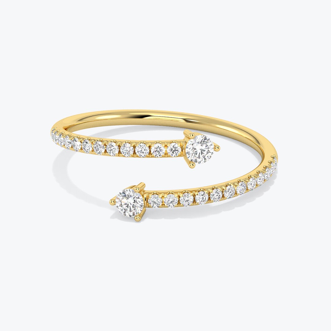 14k Gold Diamond Spiral Ring, Diamond Cuff Ring, Dual Diamond Band ...