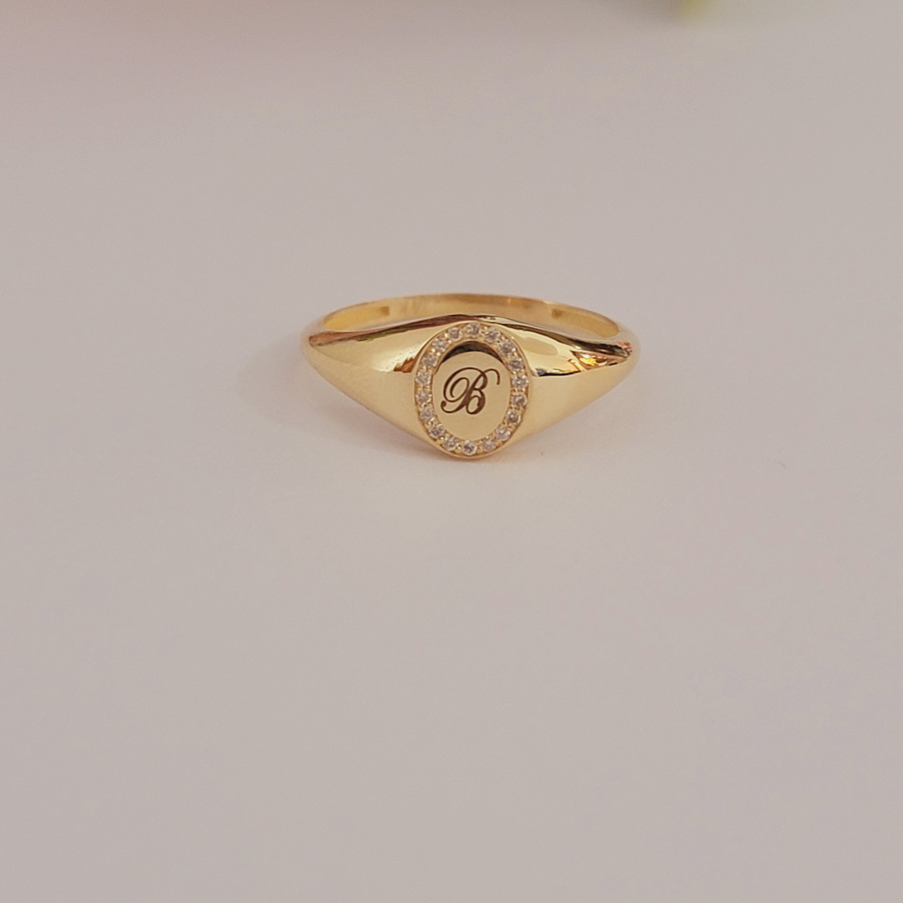 Diamond Oval Pave Signet Ring, 14k Initial Pinky Ring for Women, Dainty ...