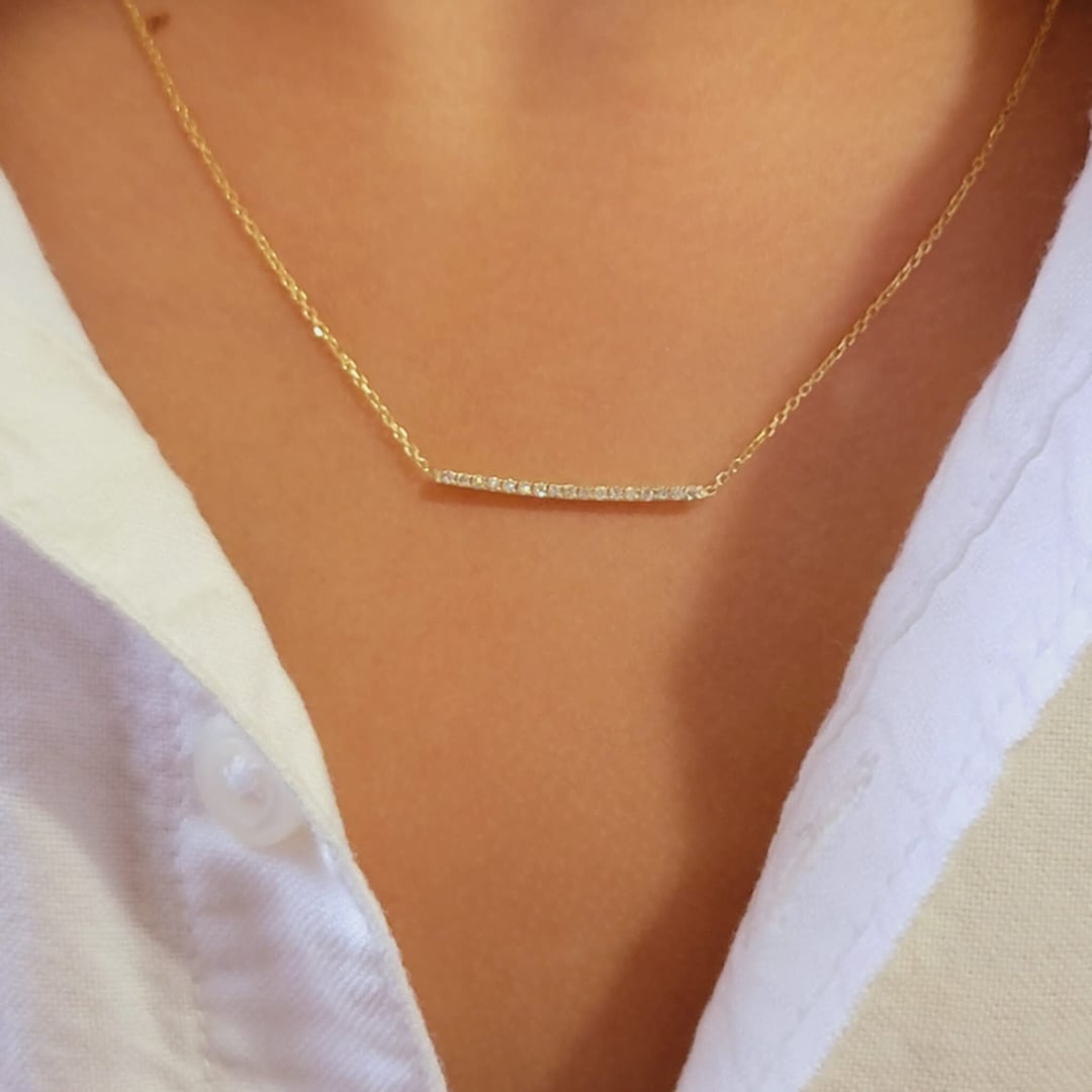 14k Gold Diamond Bar Necklace, Pave Diamond Bar Necklace, Women ...