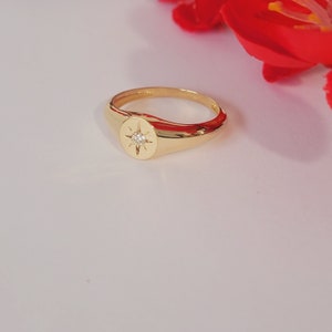 14k Gold Diamond Signet Ring, Star Setting Diamond Signet Ring, Gold ...
