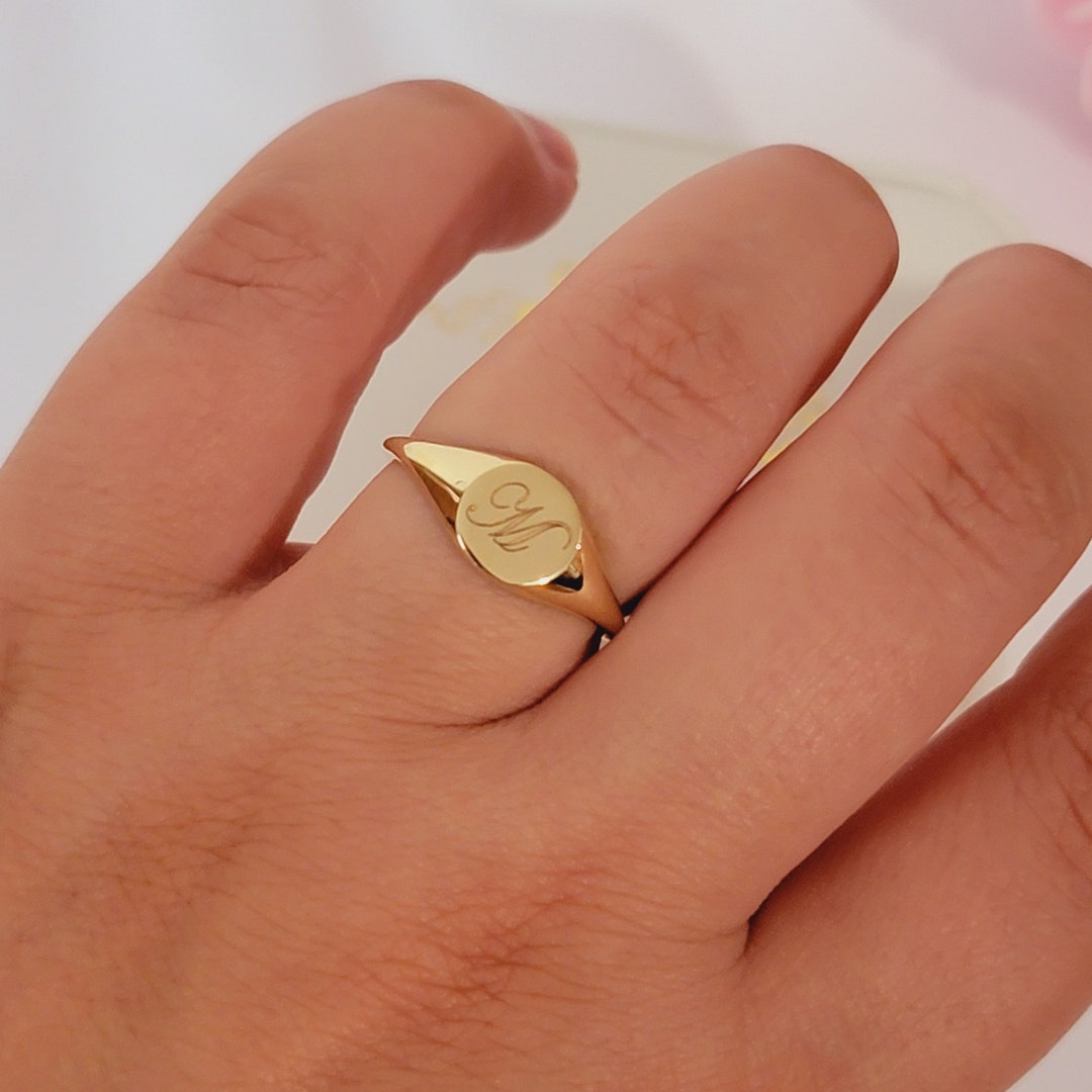 14k Solid Gold Signet Ring, Circle Signet Ring, Gold Pinky Ring, White Gold Signet Ring for Men ...