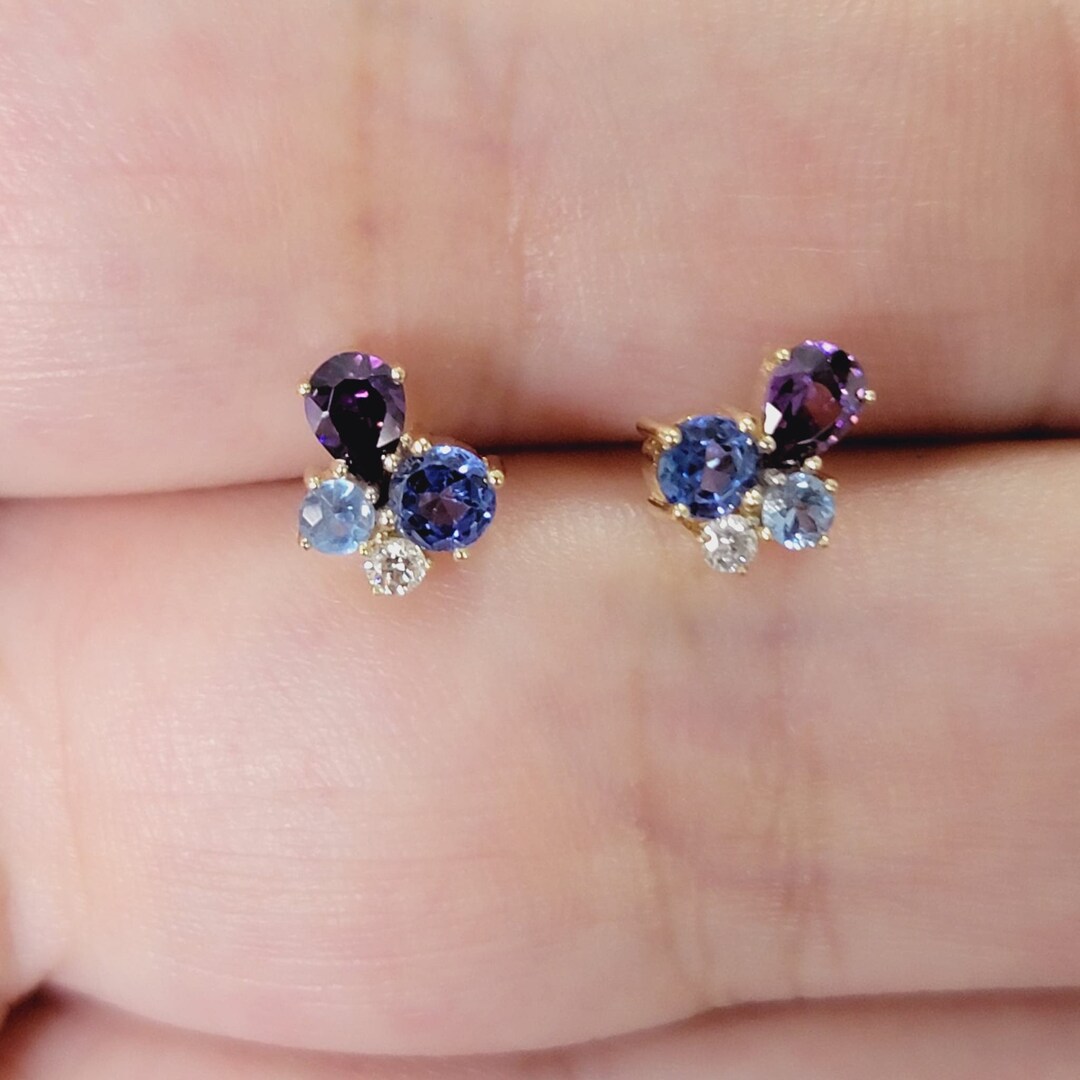 14K Gold Multi-gemstone Cluster Stud Earrings, Birthstone Jewelry - Etsy