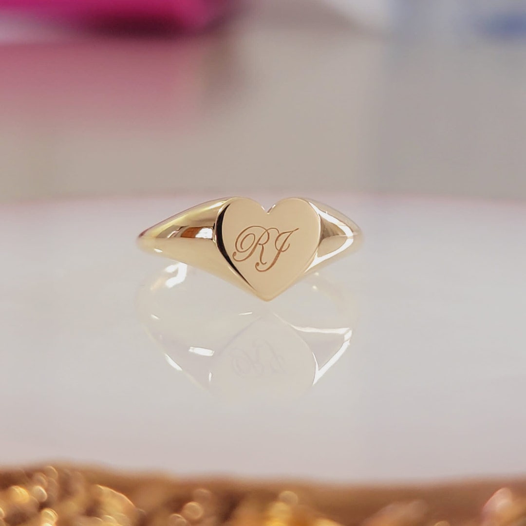 14k Solid Gold Signet Ring, Heart Signet Ring, Gold Personalized Jewelry, Engravable Heart Ring ...