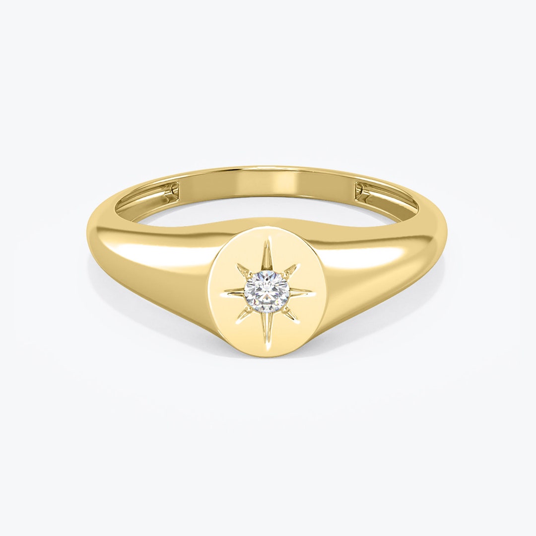 14k Gold Diamond Signet Ring, Star Setting Diamond Signet Ring, Gold ...