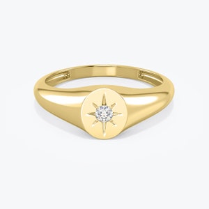 14k Gold Diamond Signet Ring, Star Setting Diamond Signet Ring, Gold ...