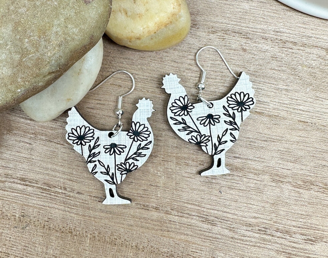 Chicken Earrings | Acrylic Engraved Floral Chicken Earrings | Farm Life ...