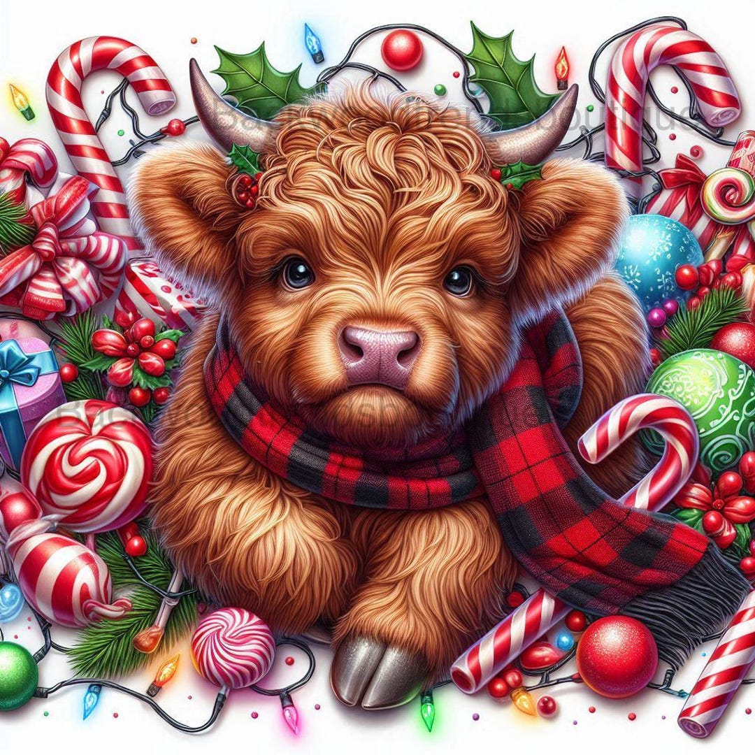 Baby Highland Cow Christmas Candy Canes Lollipops Lights PNG Digital ...
