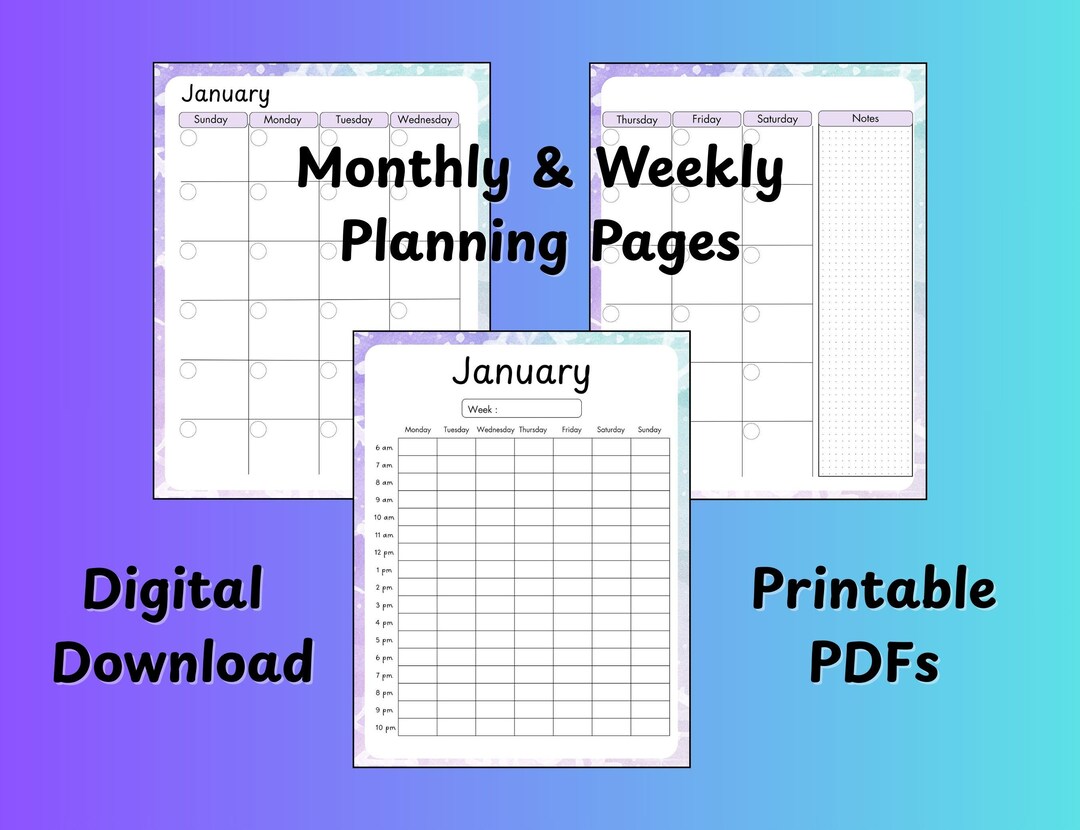 Monthly and Weekly Planner Pages - Undated - Printable PDF - Etsy