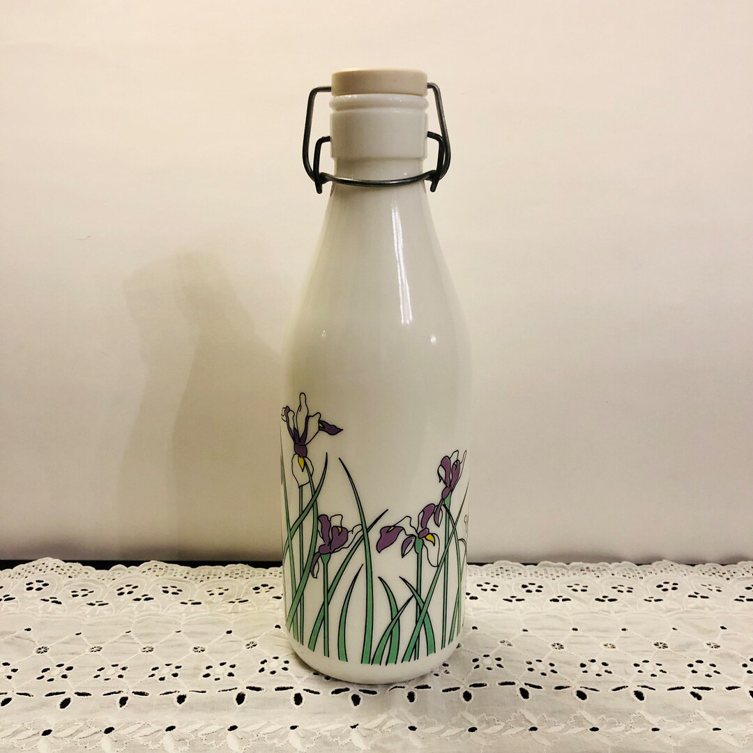Vintage Italian Cerve Flower Print Milk Glass Bottle - Etsy