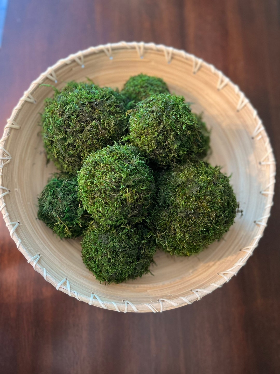 Real Moss Balls 3-5" Diameter Centerpiece in Light Wooden Handmade Bowl ...