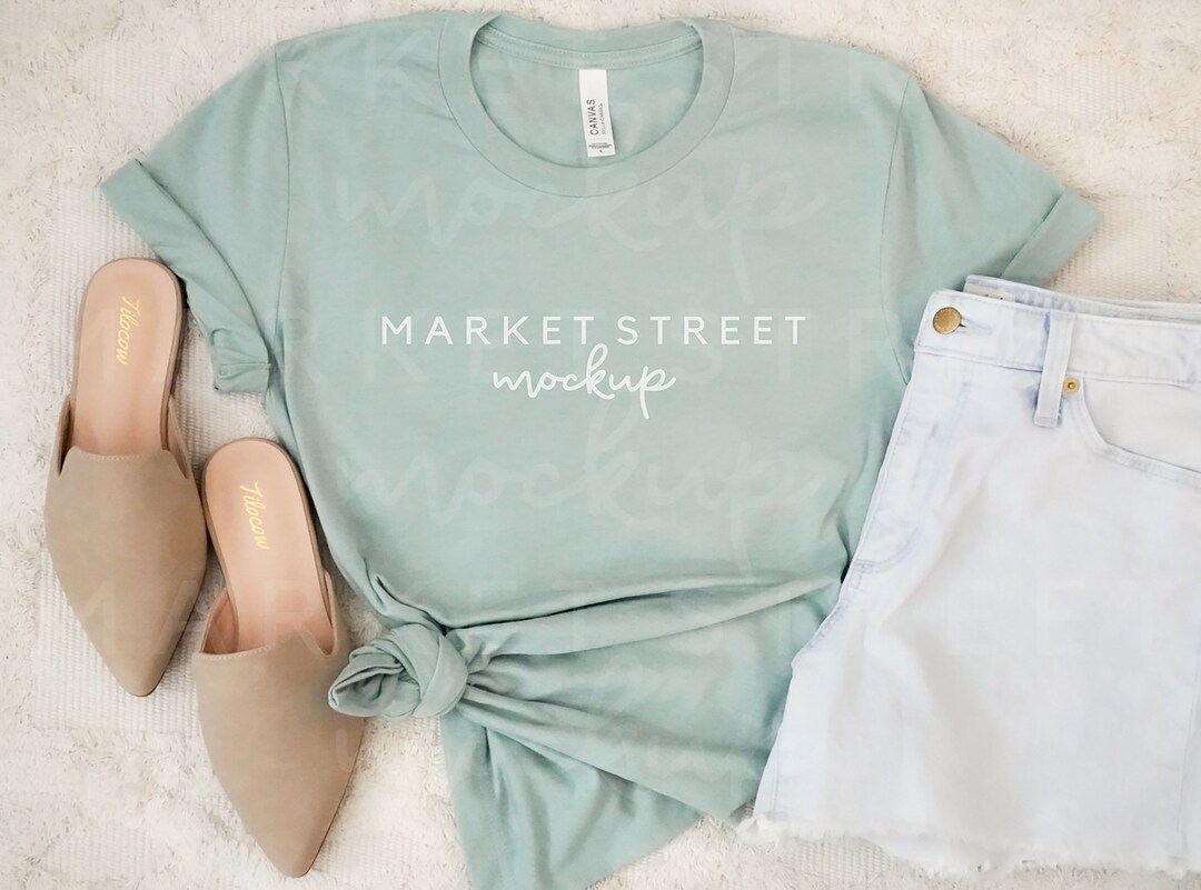 Heather Dusty Blue Mockup, Boho T-shirt Mockup, BC 3001, Summer Mockup ...