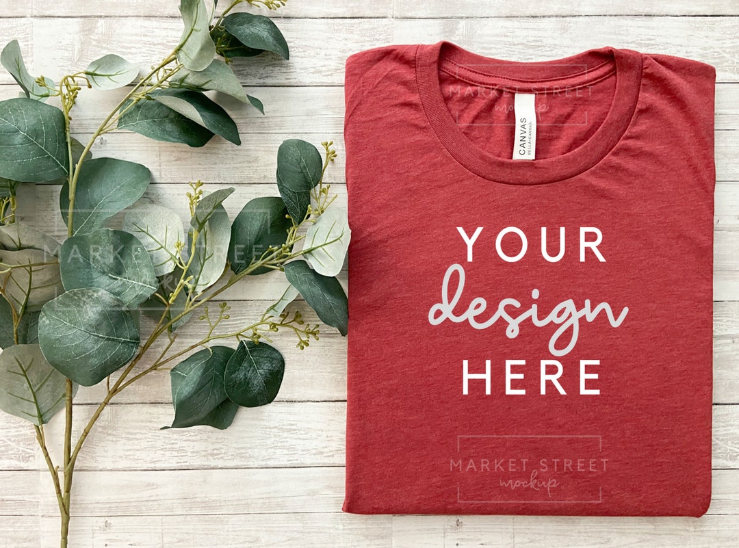 Heather Canvas Red Mockup, Summer Mockup, BC 3001, Folded T Shirt ...