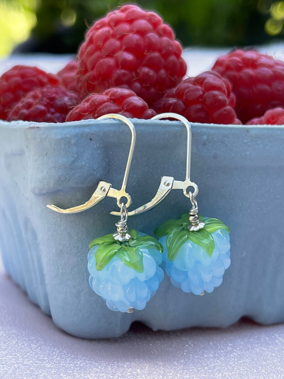 Sky Blue Raspberry Glass Lampwork Earrings Berry Earring/fruit Earrings ...
