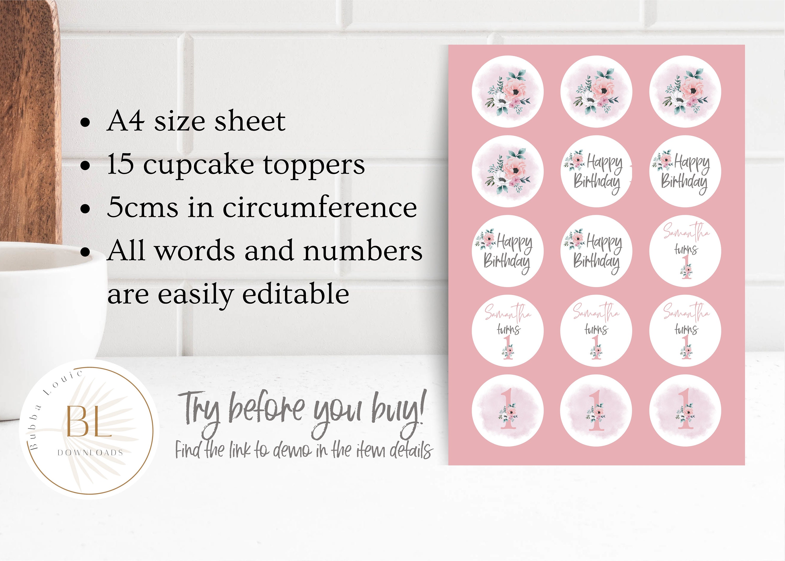 Floral Cupcake Toppers, Editable Template, Custom Instant Download ...
