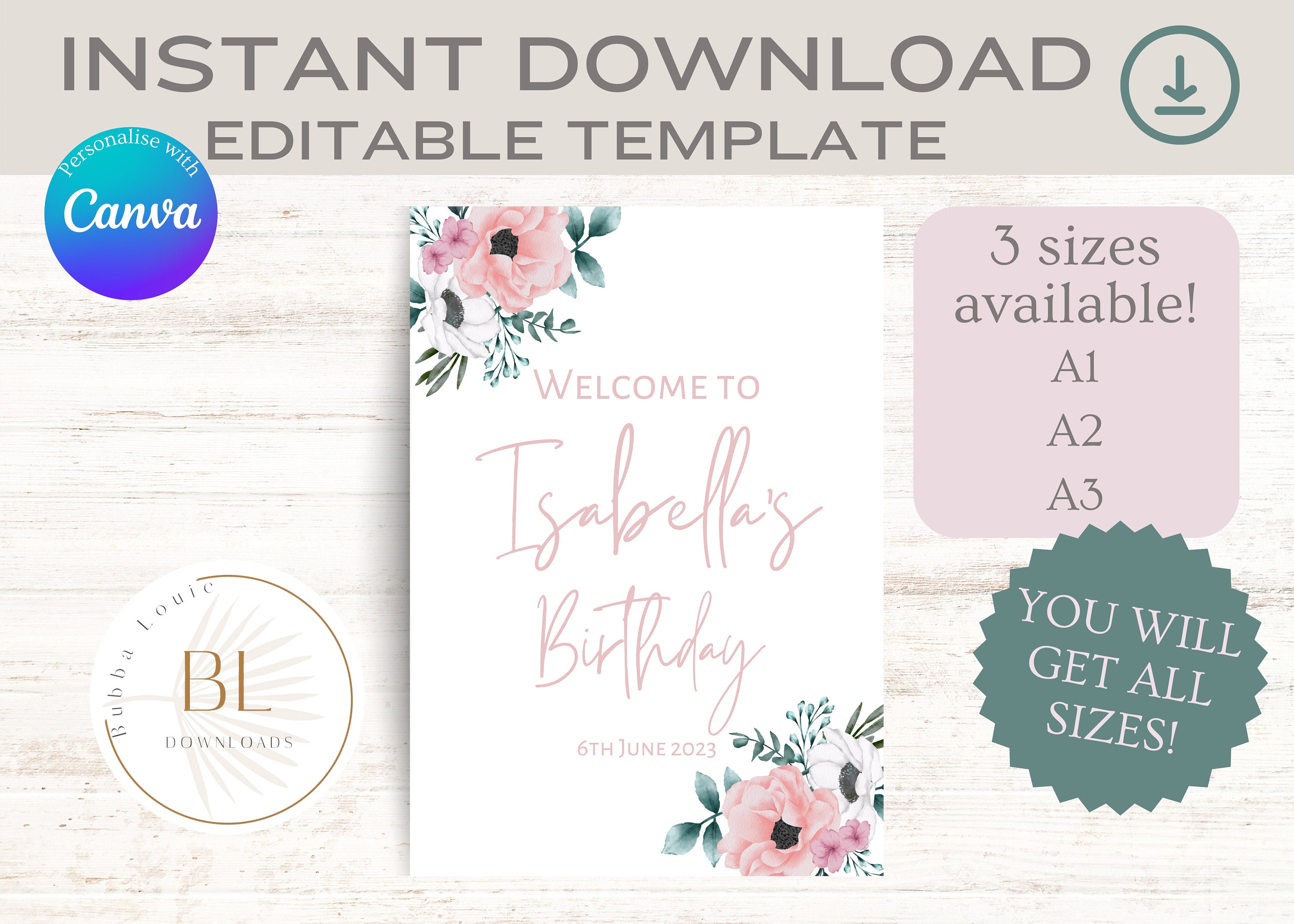 Printable Floral Welcome Sign, Birthday Poster, Girls Birthday ...