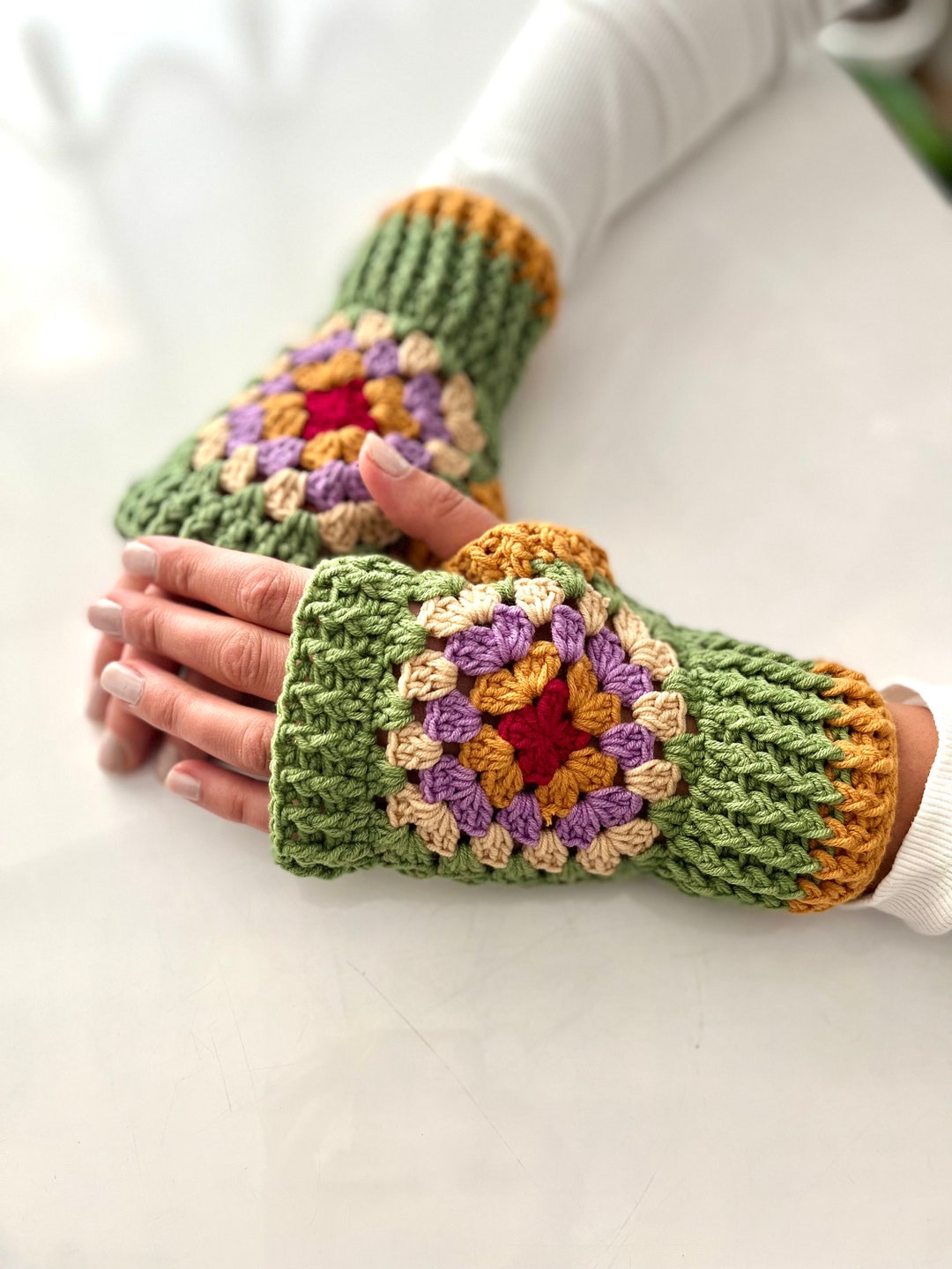 Granny Square Fingerless Gloves, Fingerless Crochet Gloves, Knitted ...