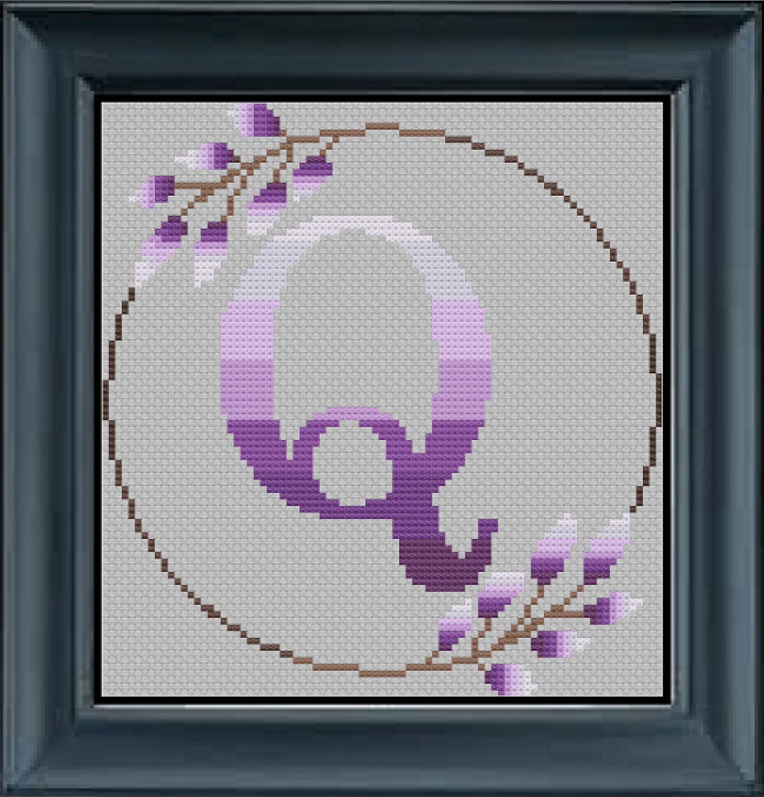 Monogram Floral Ombre Alphabet Letter “Q” Cross Stitch Pattern Purple ...