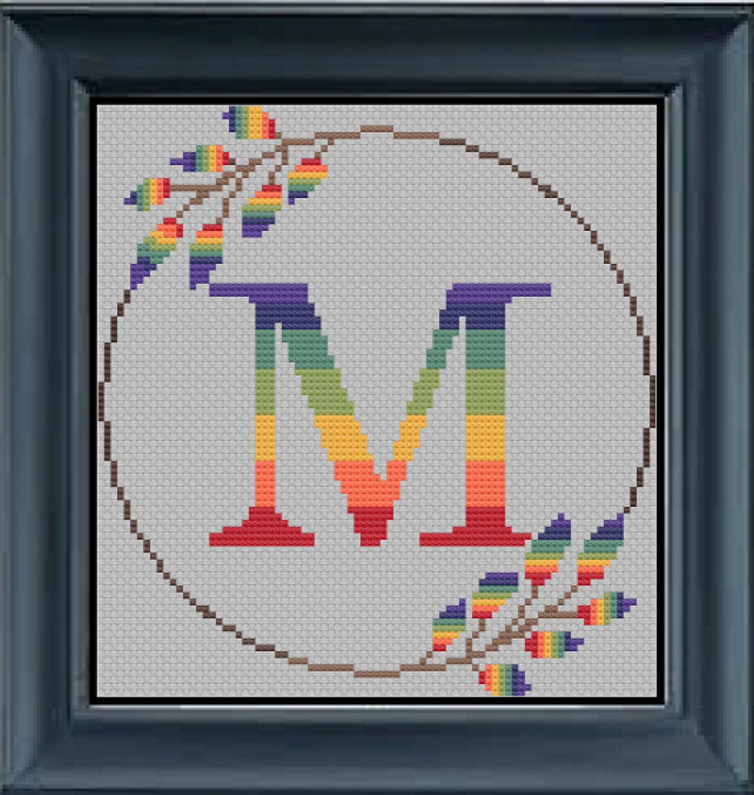 Monogram Floral Ombre Alphabet Letter “M” Cross Stitch Pattern Rainbow ...