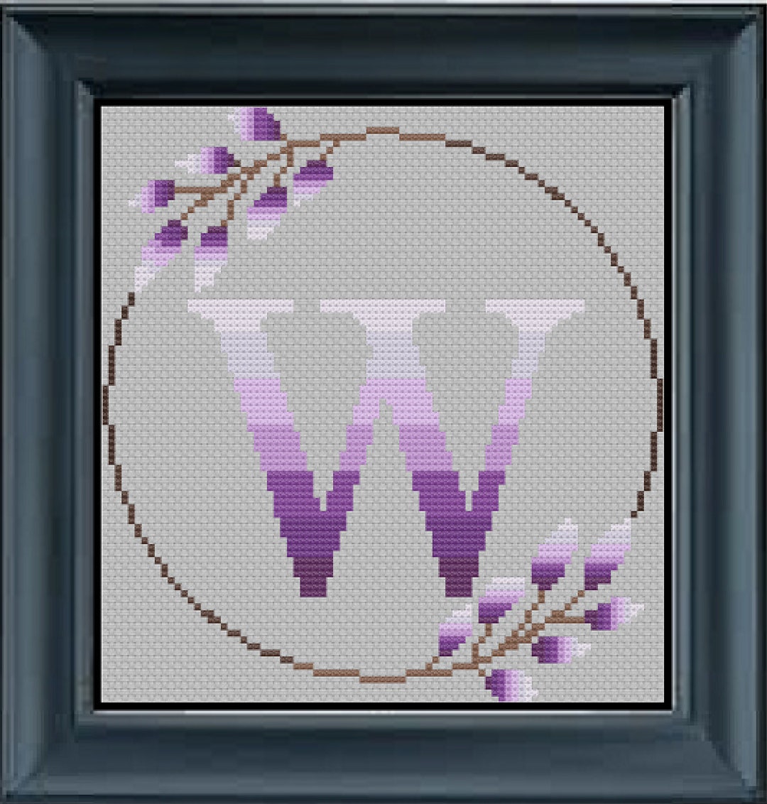 Monogram Floral Ombre Alphabet Letter “W” Cross Stitch Pattern Purple ...