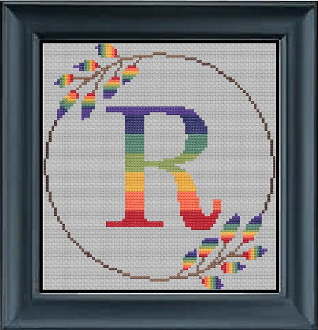 Monogram Floral Ombre Alphabet Letter “R” Cross Stitch Pattern Rainbow ...