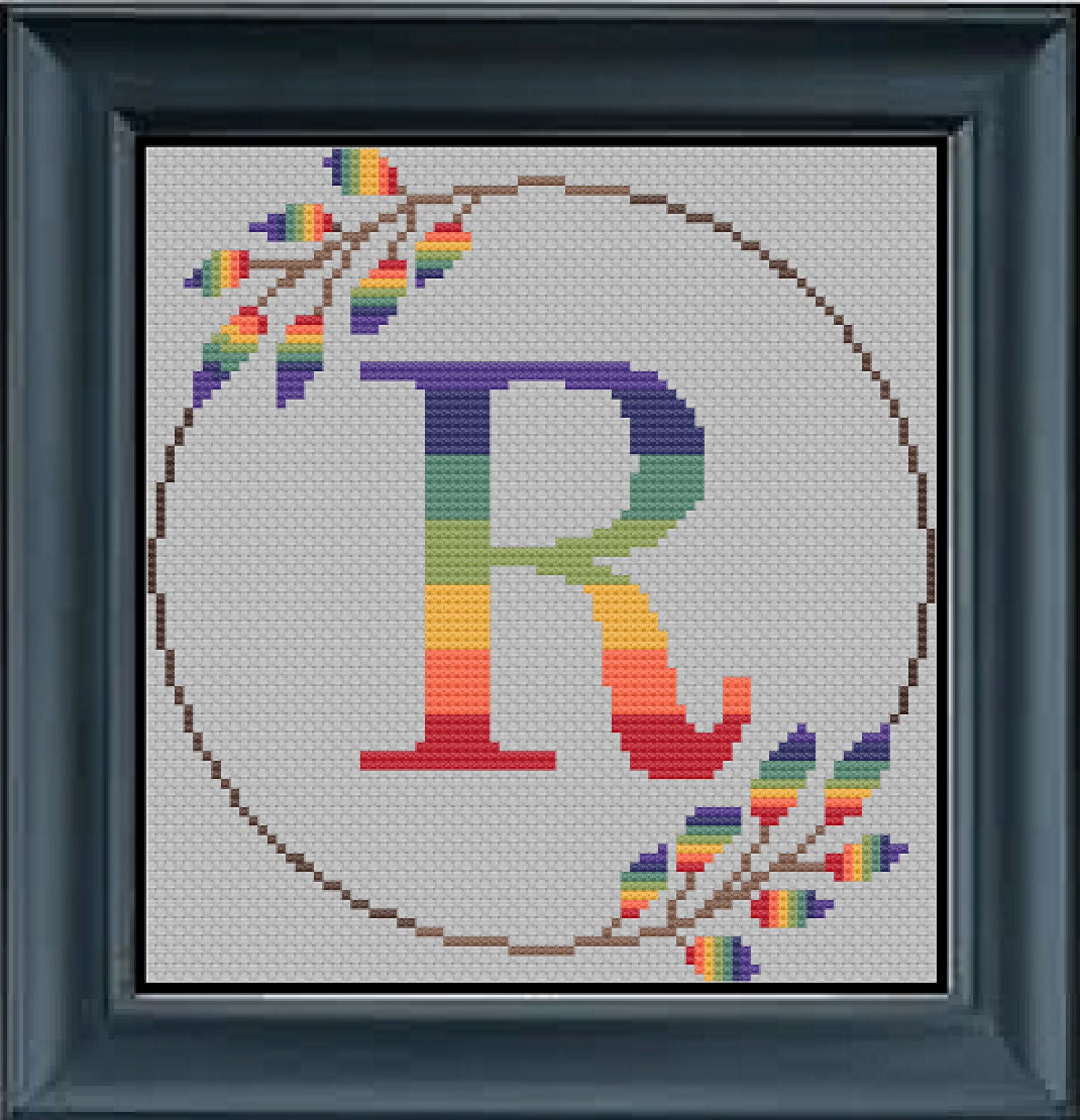 Monogram Floral Ombre Alphabet Letter “R” Cross Stitch Pattern Rainbow ...