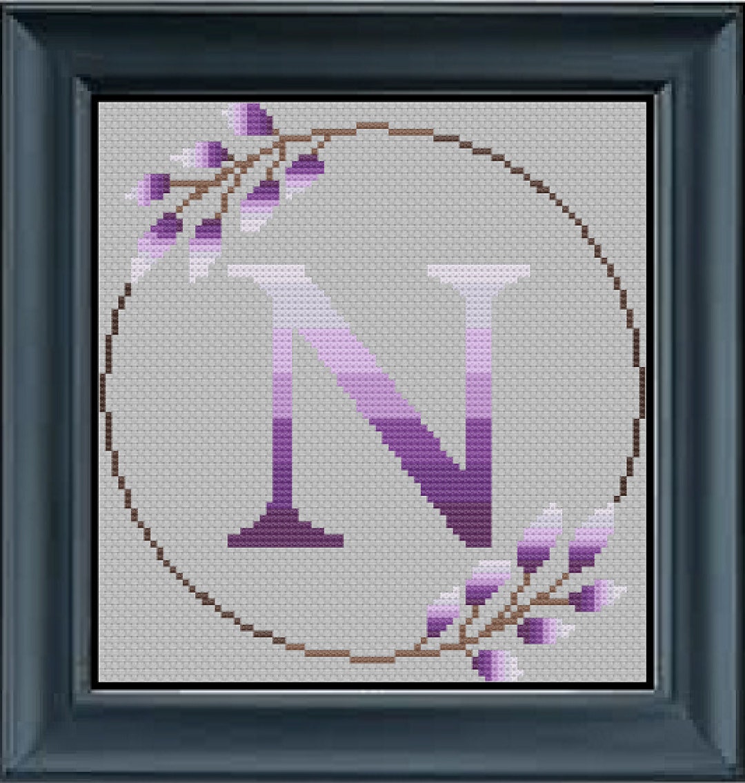 Monogram Floral Ombre Alphabet Letter “N” Cross Stitch Pattern Purple ...