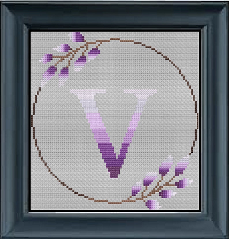 Monogram Floral Ombre Alphabet Letter “V” Cross Stitch Pattern Purple ...