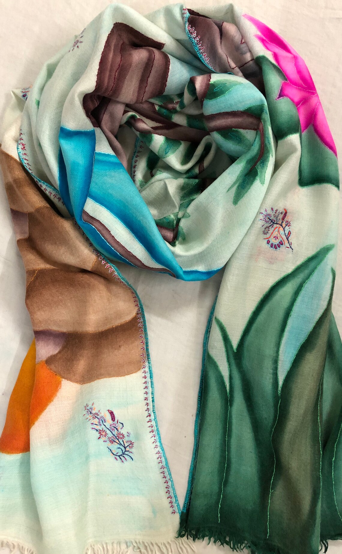 Handmade Hand Painted Ladakhi Cashmere Pashmina Nature Embroidered ...