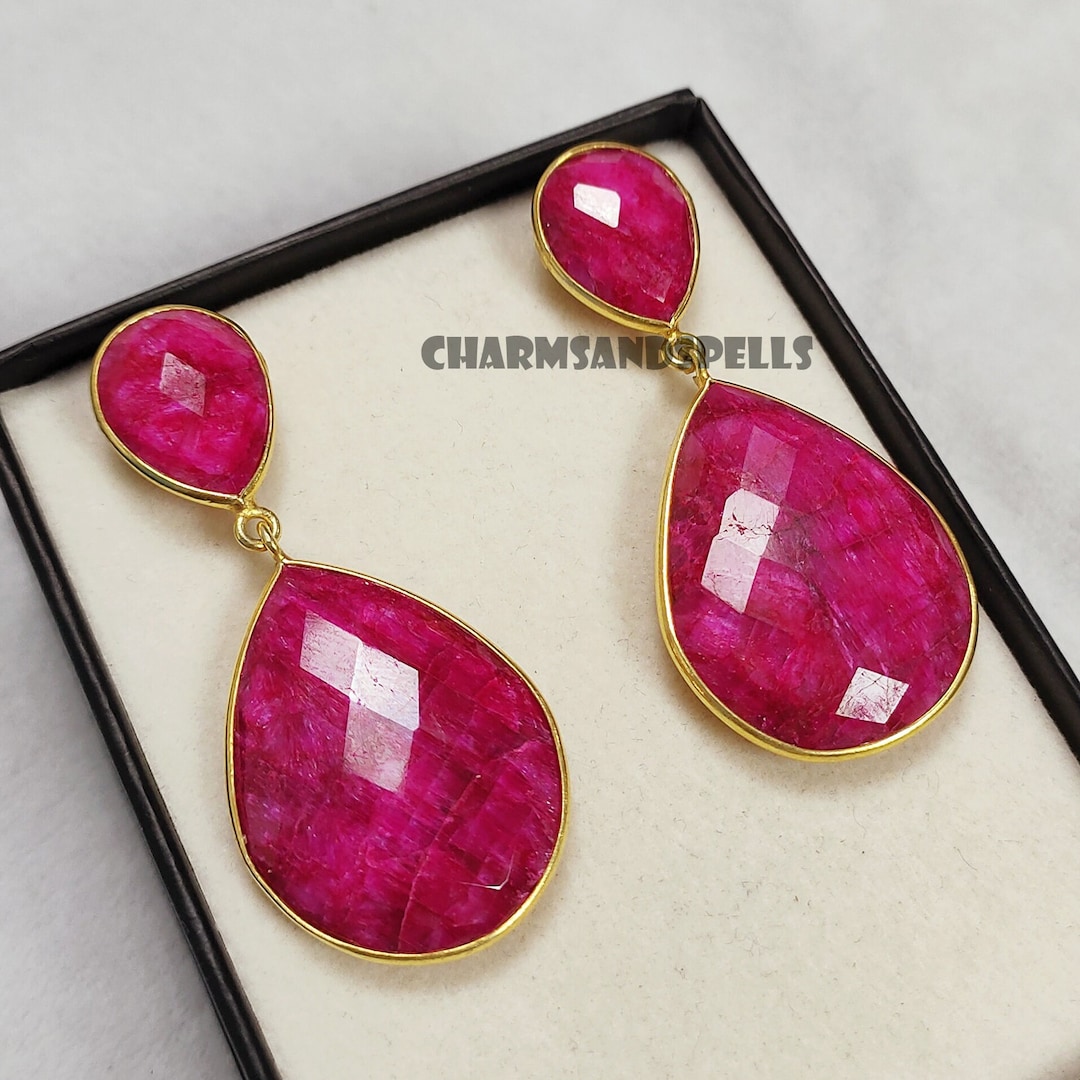 Stunning Pink Ruby Earrings, Vintage Look Dainty Earrings, Gemstone ...