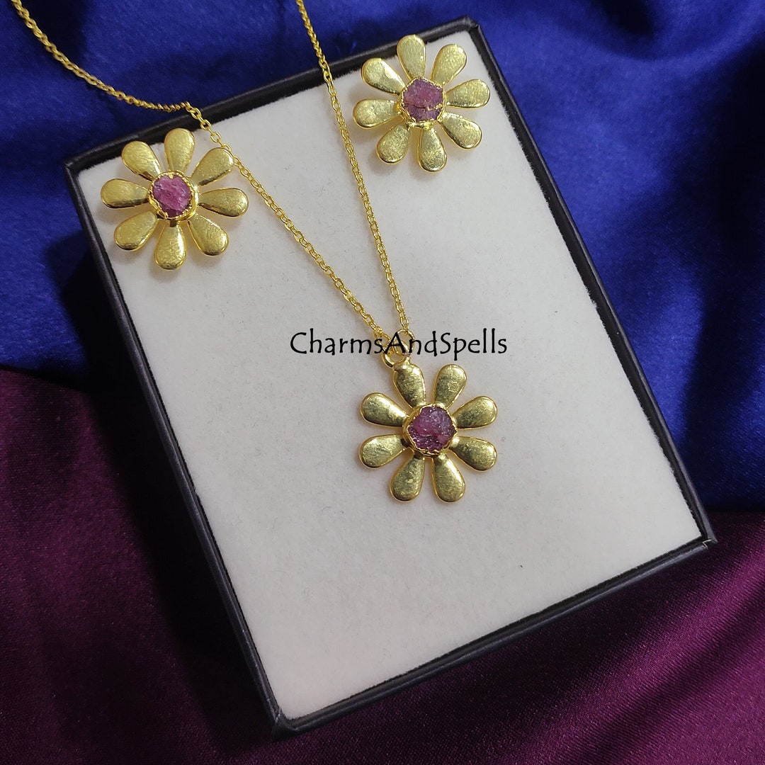 Natural Raw Ruby Flower Earring, Rough Ruby Necklace,flower Design ...