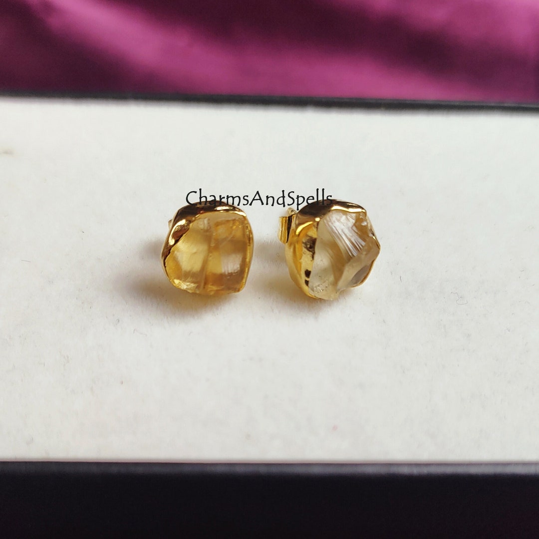 Raw Citrine Earrings, Dainty Citrine Jewelry, November Birthstone Earrings, Yellow Studs, Raw ...
