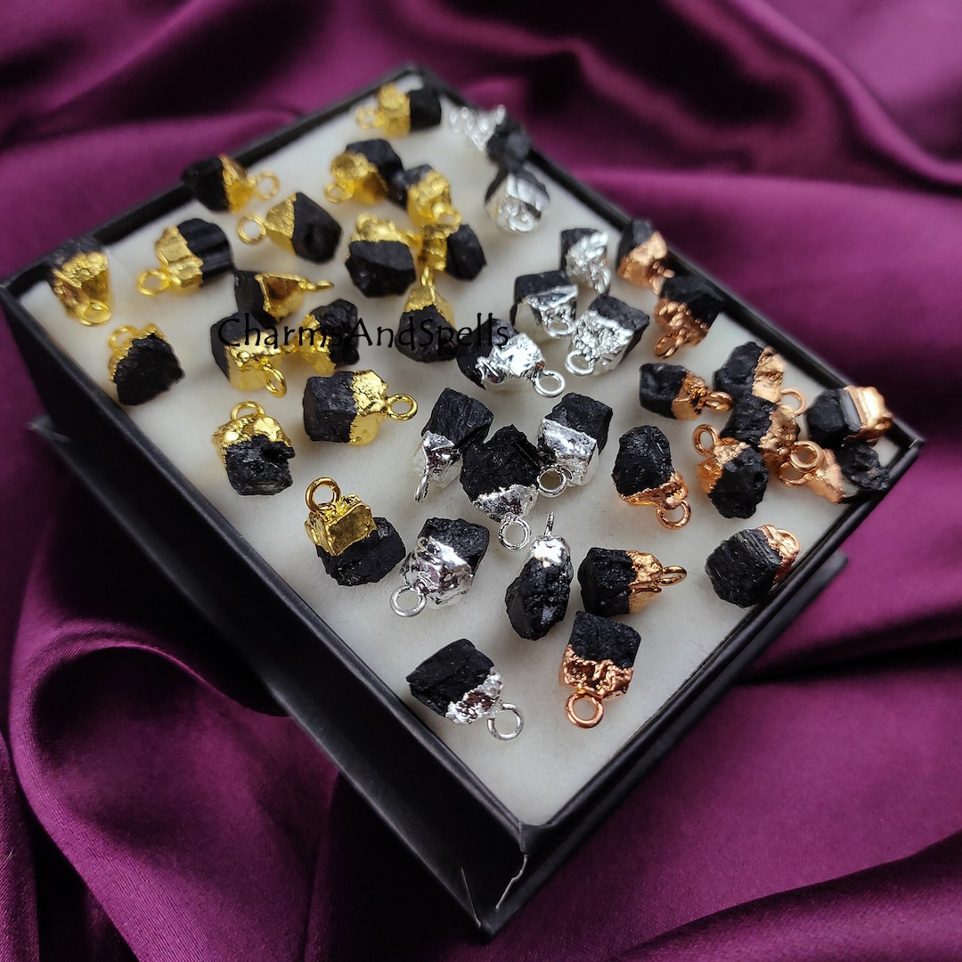 Natural Raw Black Tourmaline Charms, Single Bail Link Electroplated ...