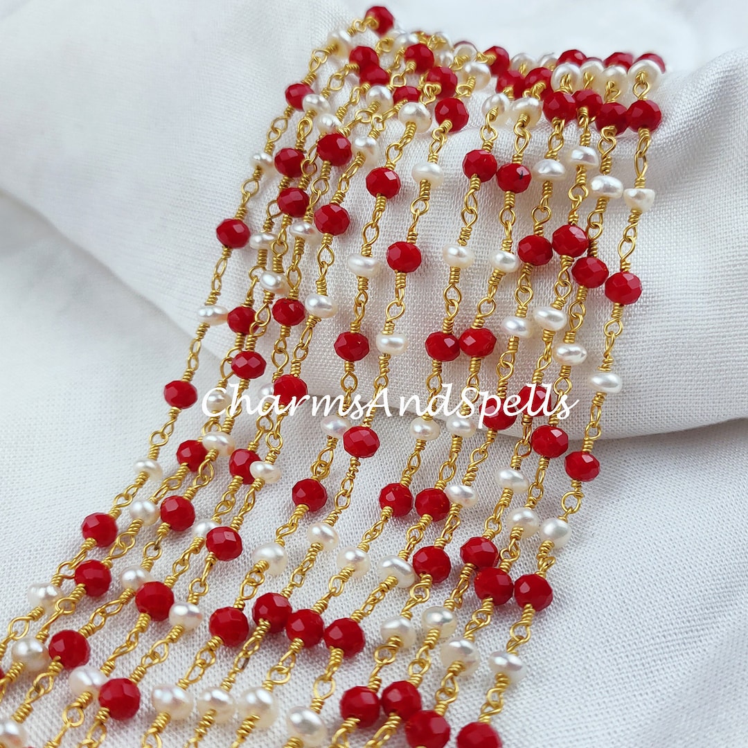 Red Coral Beaded Chain, Pearl Wire Wrapped Chain, Red Coral Chain ...