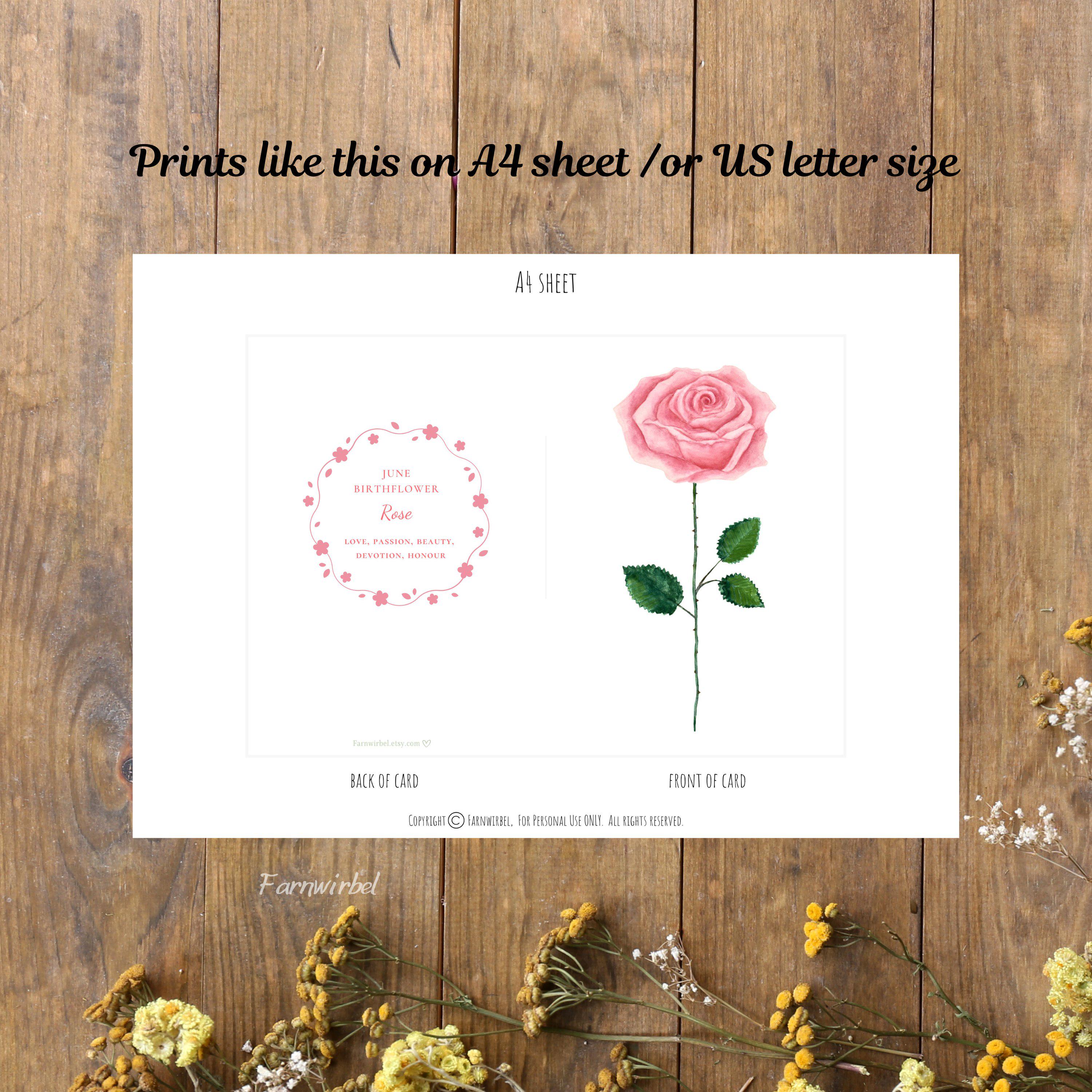 Rose Floral June Greeting Card Printable A6 — English & German Text ...