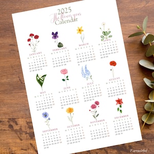 Flower Year Calendar 2025 Printable One-sheet Calendar English & German ...