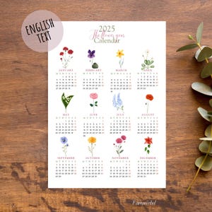 Flower Year Calendar 2025 Printable One-sheet Calendar English & German ...