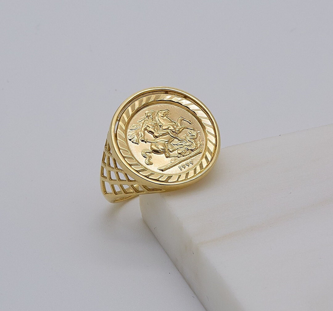 9ct REAL Yellow Gold Saint George Sovereign Ring | Mens Dragon Slayer ...