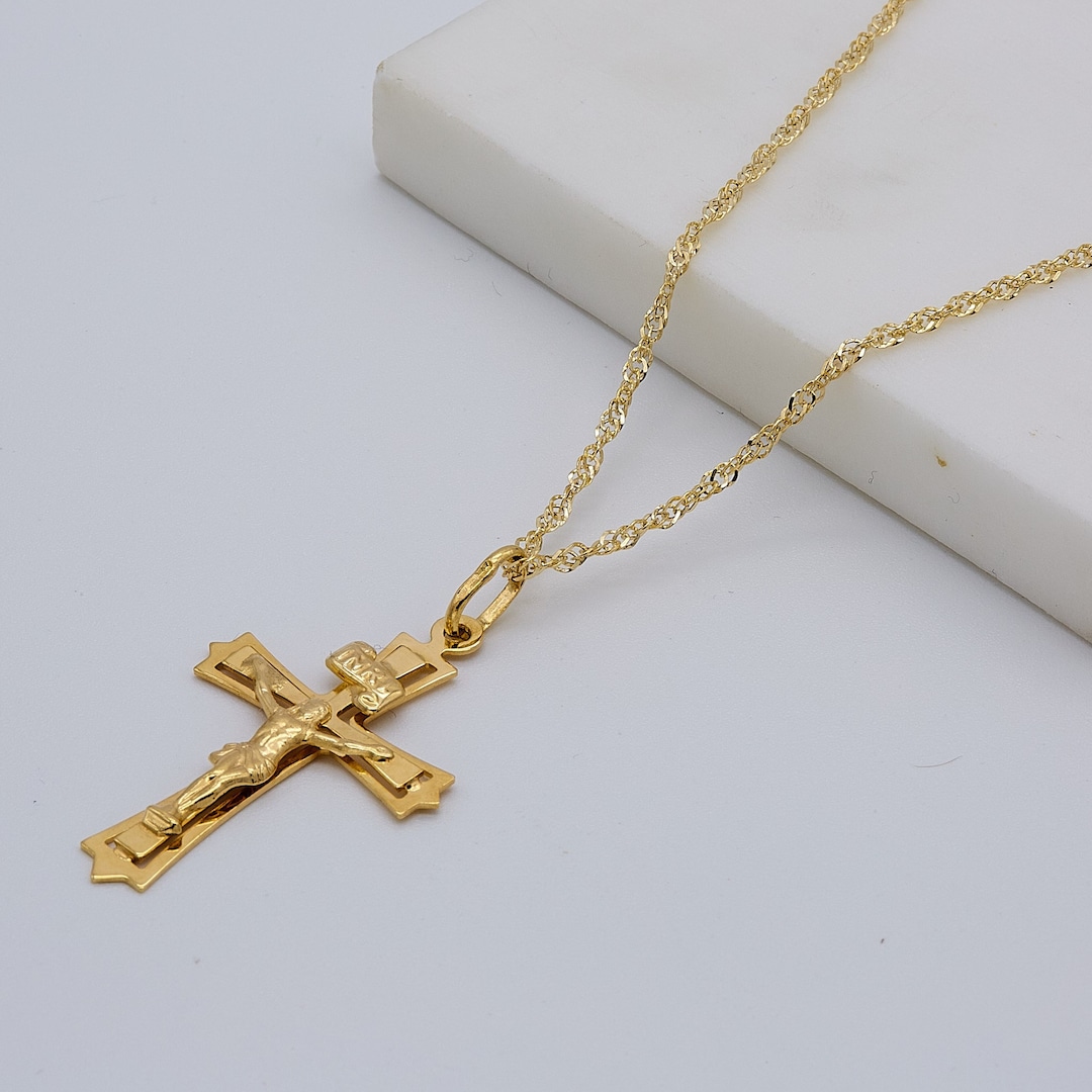 9ct Yellow Gold Inri Cross Pendant Womne Flat Cross Necklace 18 Inch ...