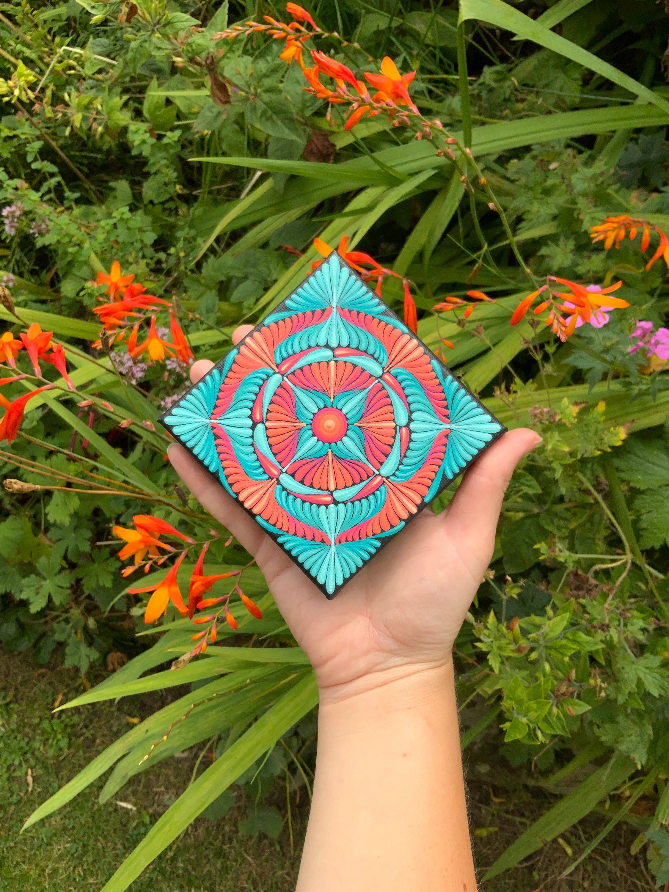 Mini Mandala Canvas Painting Dot Art Boho Home Decor, Coral and Teal - Etsy