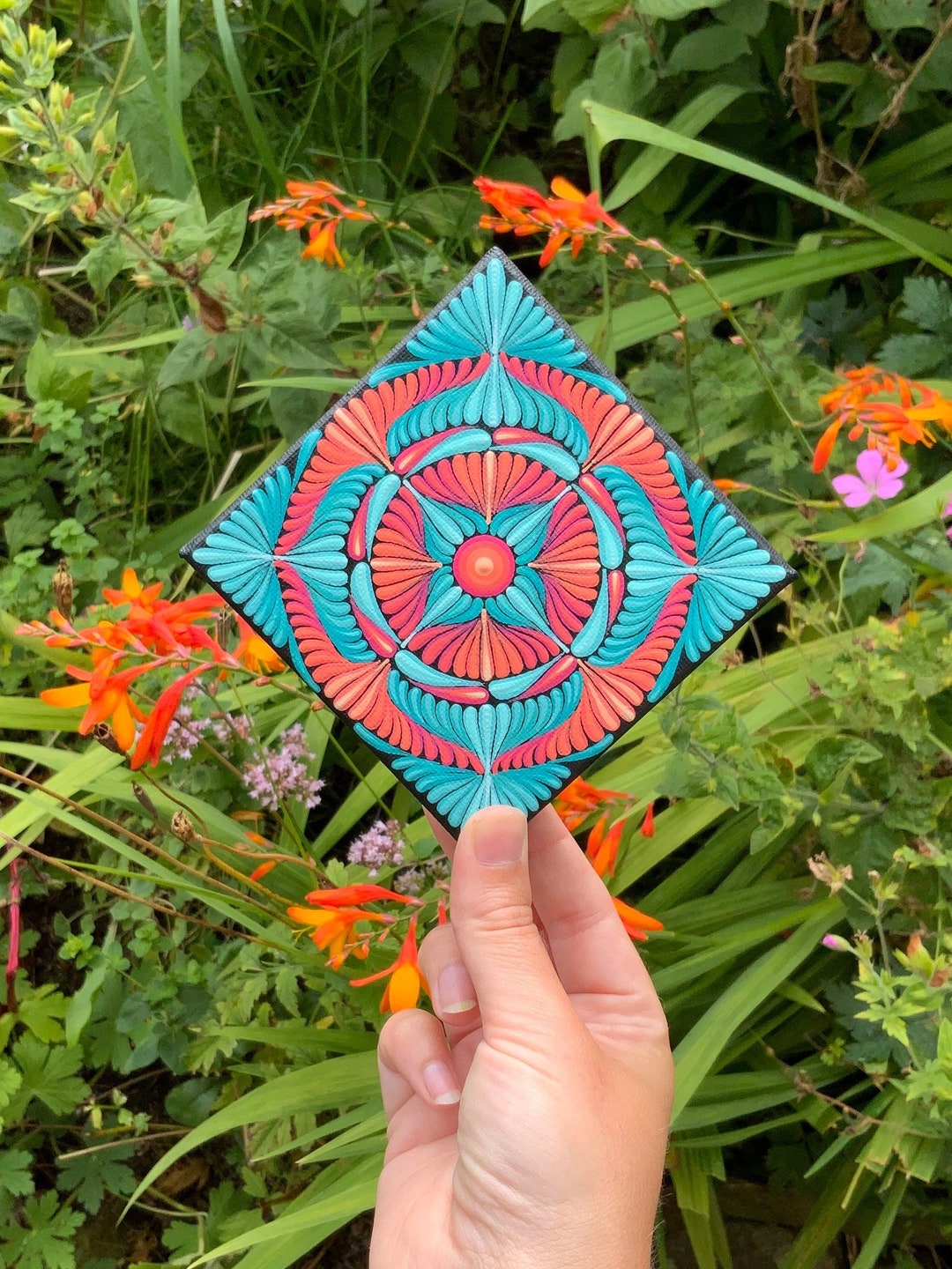 Mini Mandala Canvas Painting Dot Art Boho Home Decor, Coral and Teal - Etsy