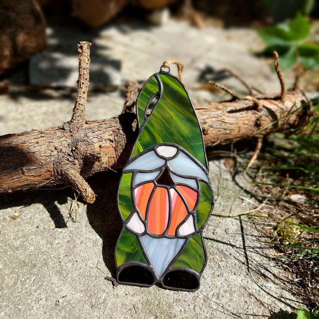 Stained glass gnome suncatcher. Window ornament, gnomes glass decor, hanging decoration, pumpkin ...