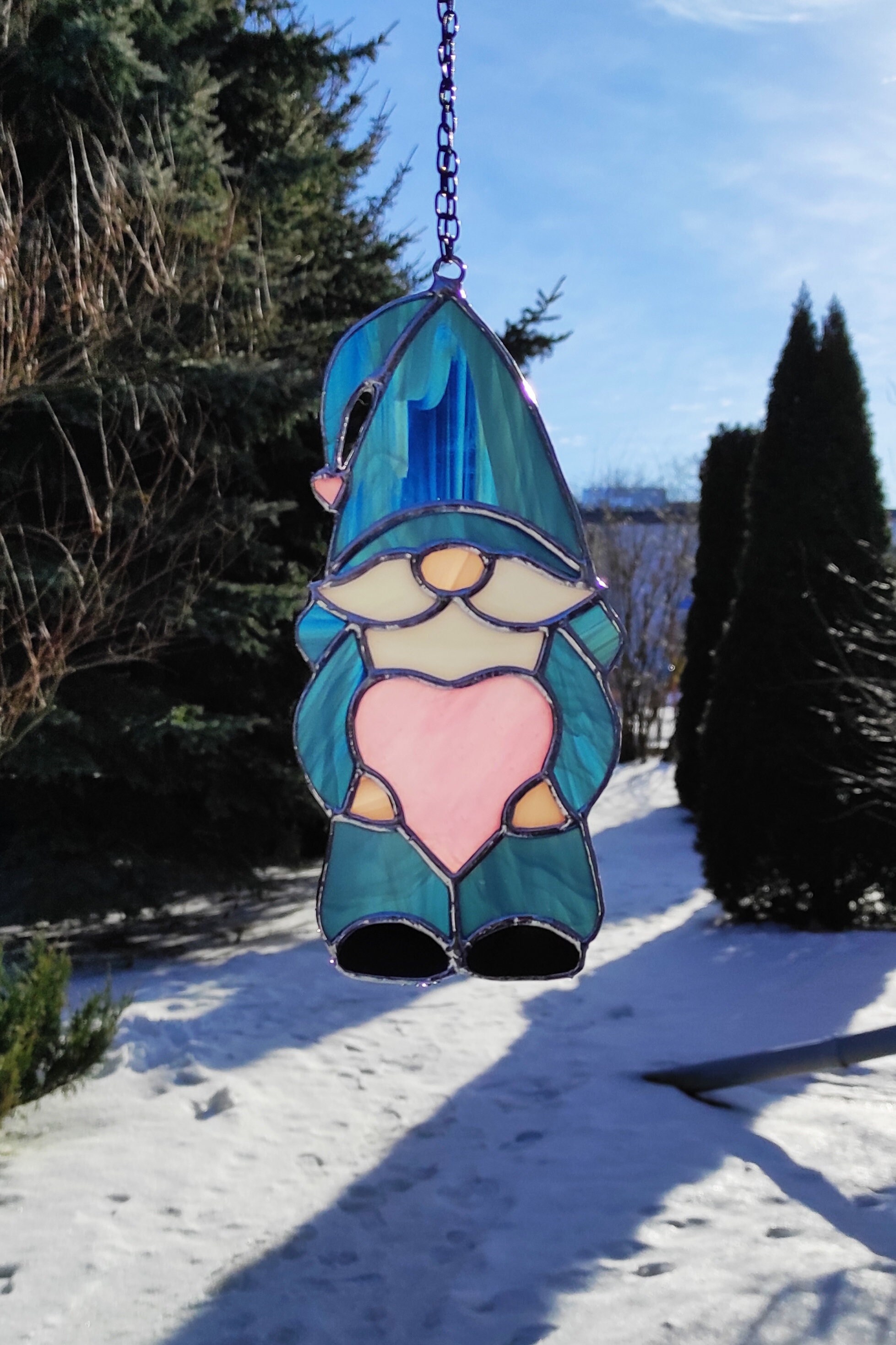 Stained Glass Gnome Suncatcher. Window Ornament, Gnomes Glass Decor, Hanging Decoration, Heart ...