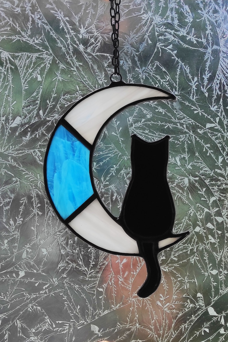 Stained Glass Black Cat On The Moon Suncatcher Window Etsy