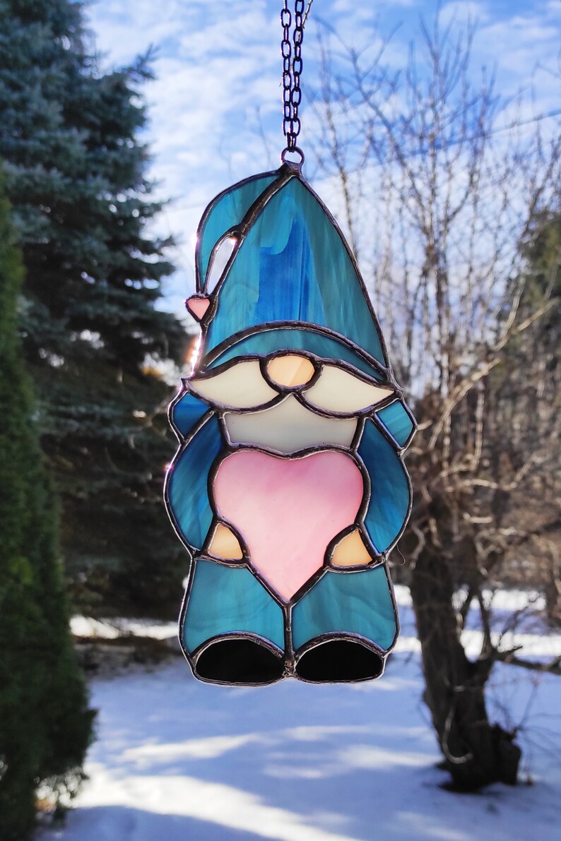 Stained Glass Gnome Suncatcher. Window Ornament, Gnomes Glass Decor, Hanging Decoration, Heart ...