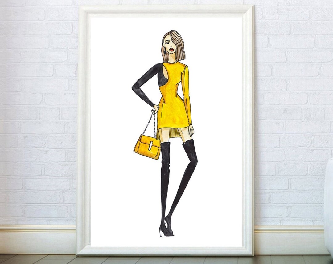 Fashion Illustration Print, Woman Model in Yellow Dress, Fashionista ...